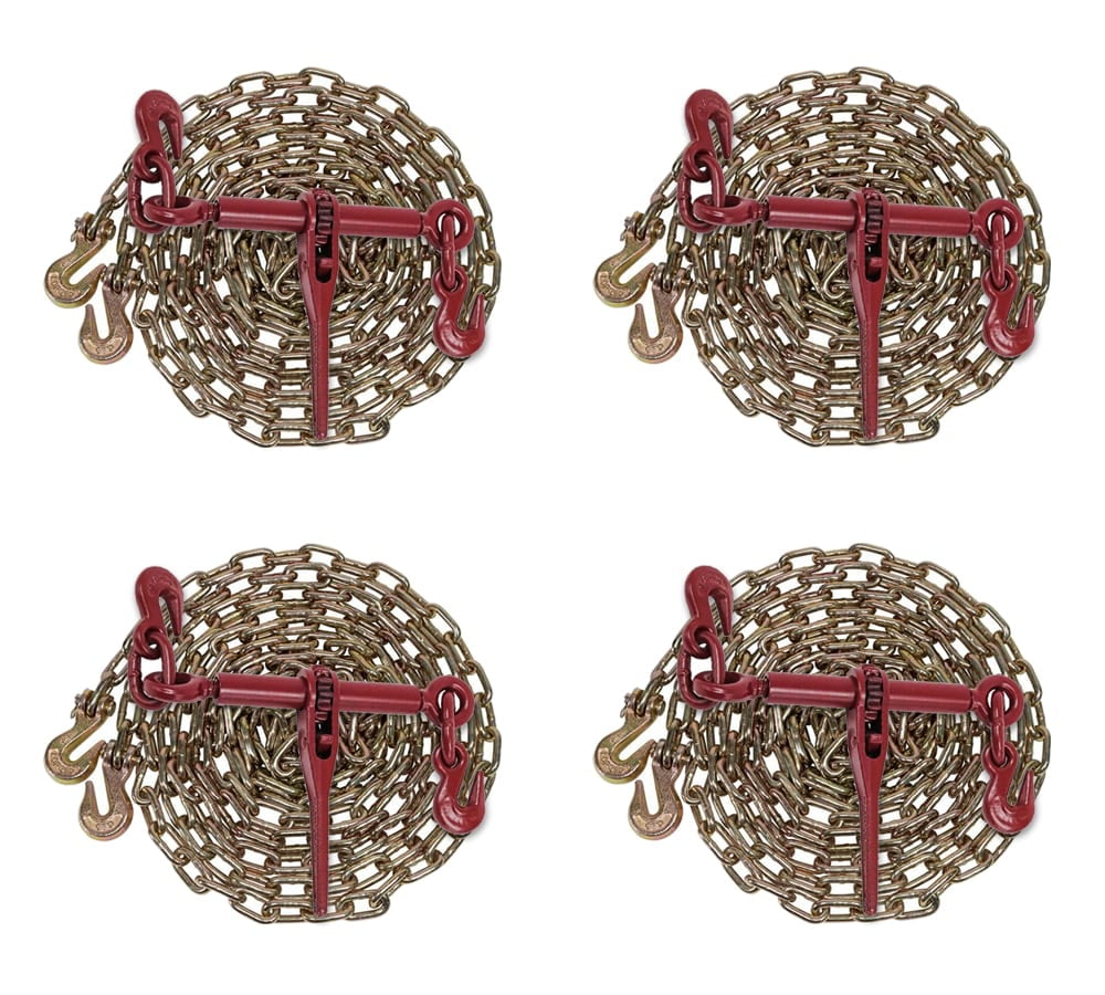 (4 Pack) 1/4" x 20' Grade 70 Chain Binder Kit with Grab Hook & 1/4" - 5/16" Load Binder - 3150 ...