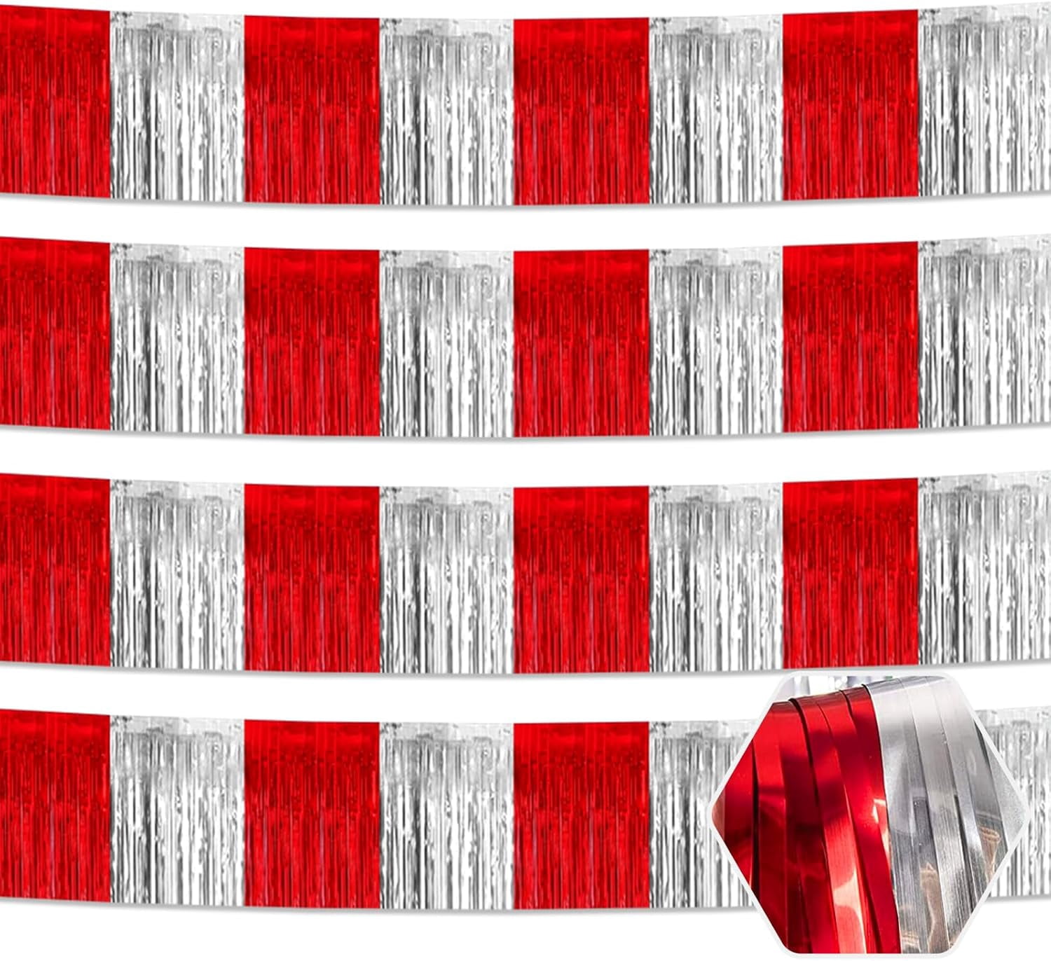 4 Pack 10 Feet Red Silver Foil Fringe Garland Metallic Tinsel Streamers ...