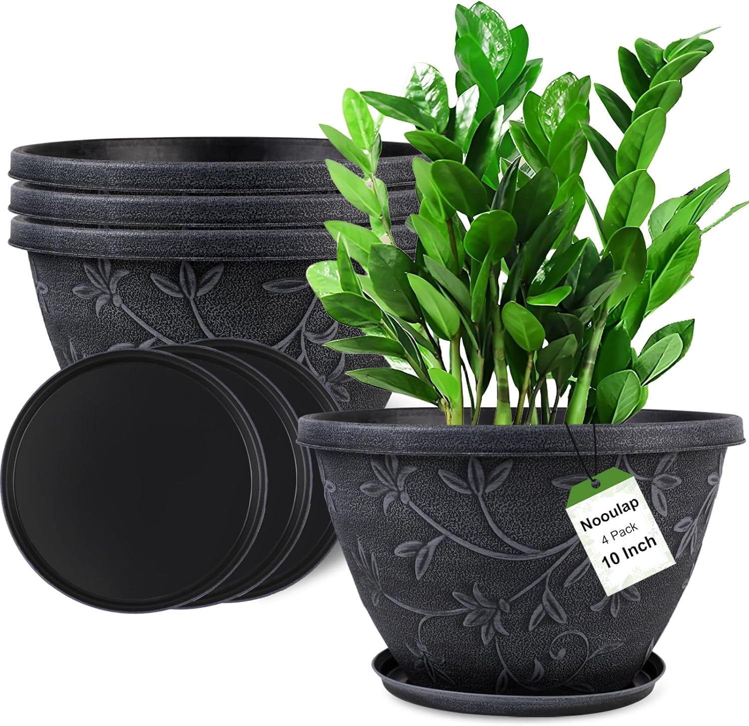 4 Pack 10 Inch Plant Pot for Outdoor Indoor, Plastic Flower Pots with ...