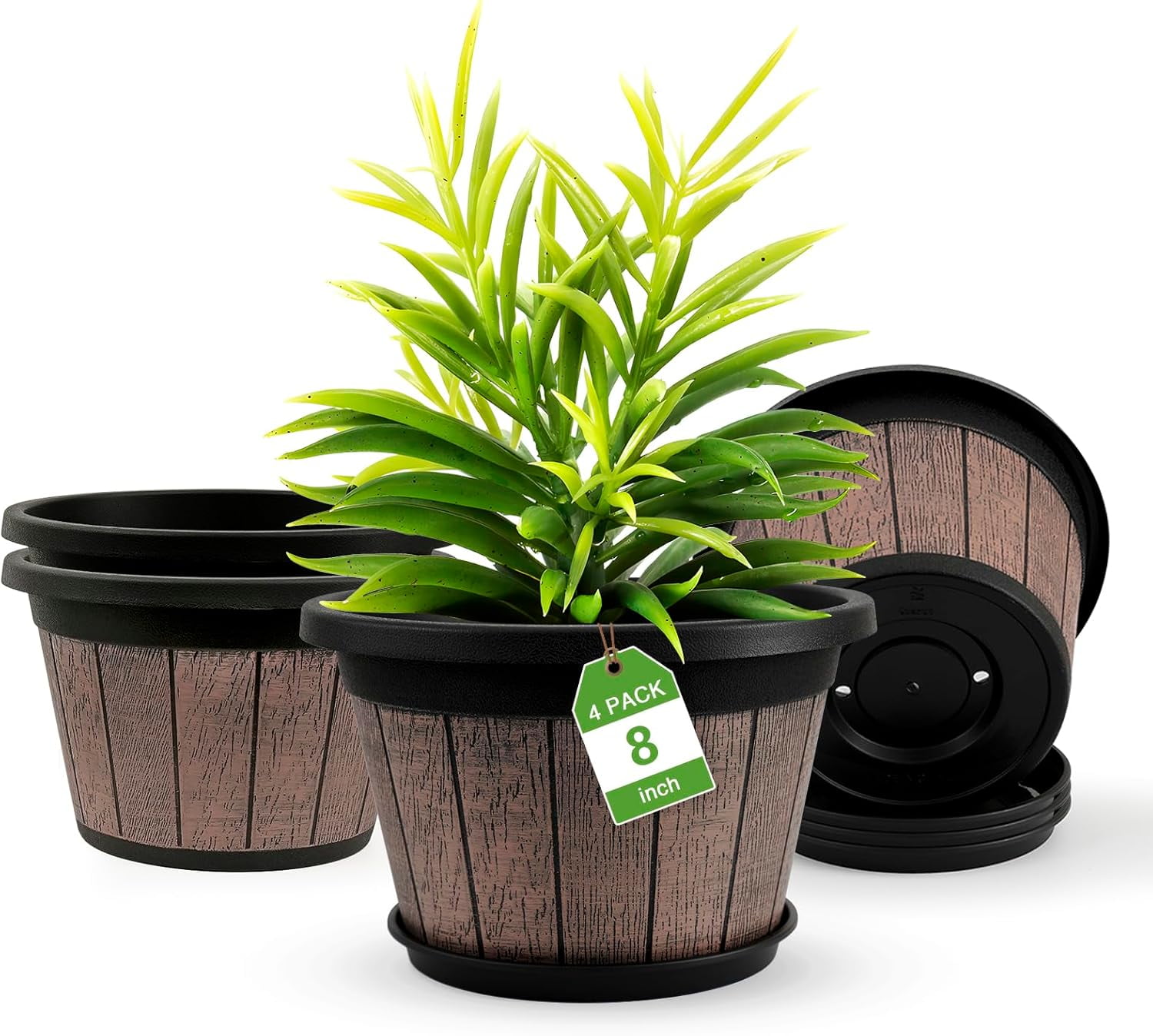 4 Pack 10 Inch Planter Pots, Upgraded Whiskey Barrel Planter Pots with ...