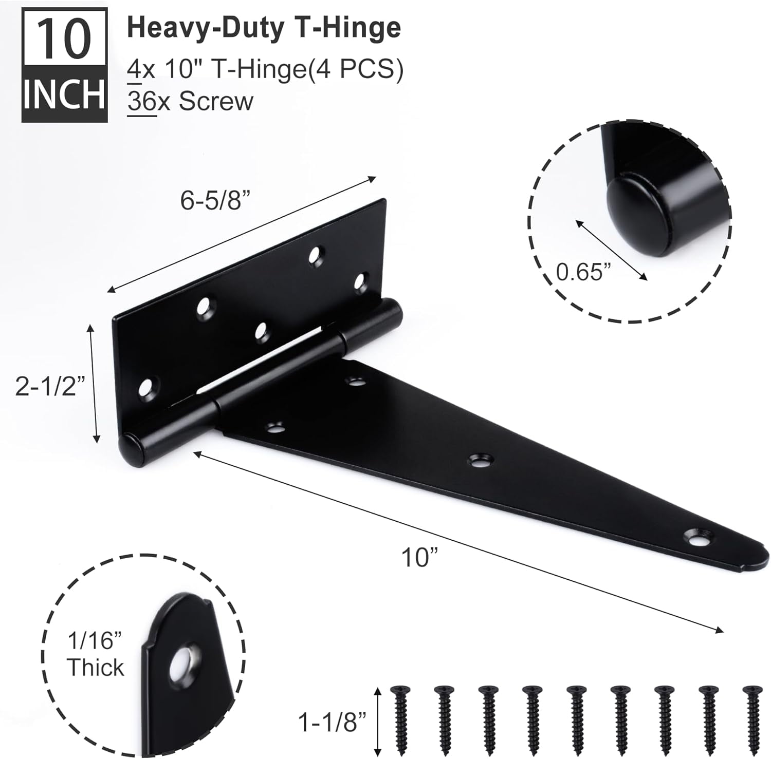 4 Pack 10 Inch T-Strap Shed Door Hinges Heavy Duty, Barn Door Gate Hinges with Screws, Tee ...