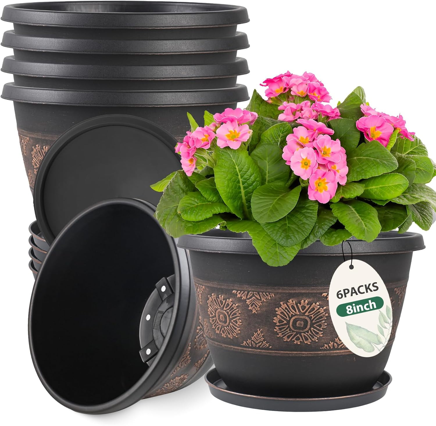 4 Pack 10 inch Plant Pots, Retro Pattern Planters with Drainage Holes ...