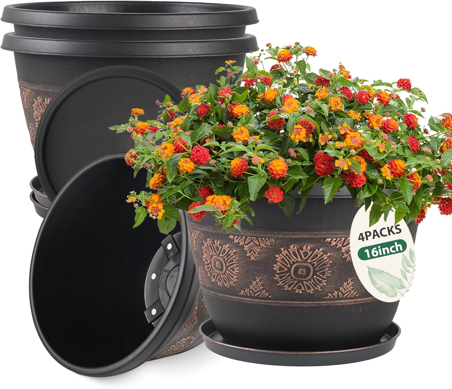 4 Pack 10 inch Plant Pots, Retro Pattern Planters with Drainage Holes ...