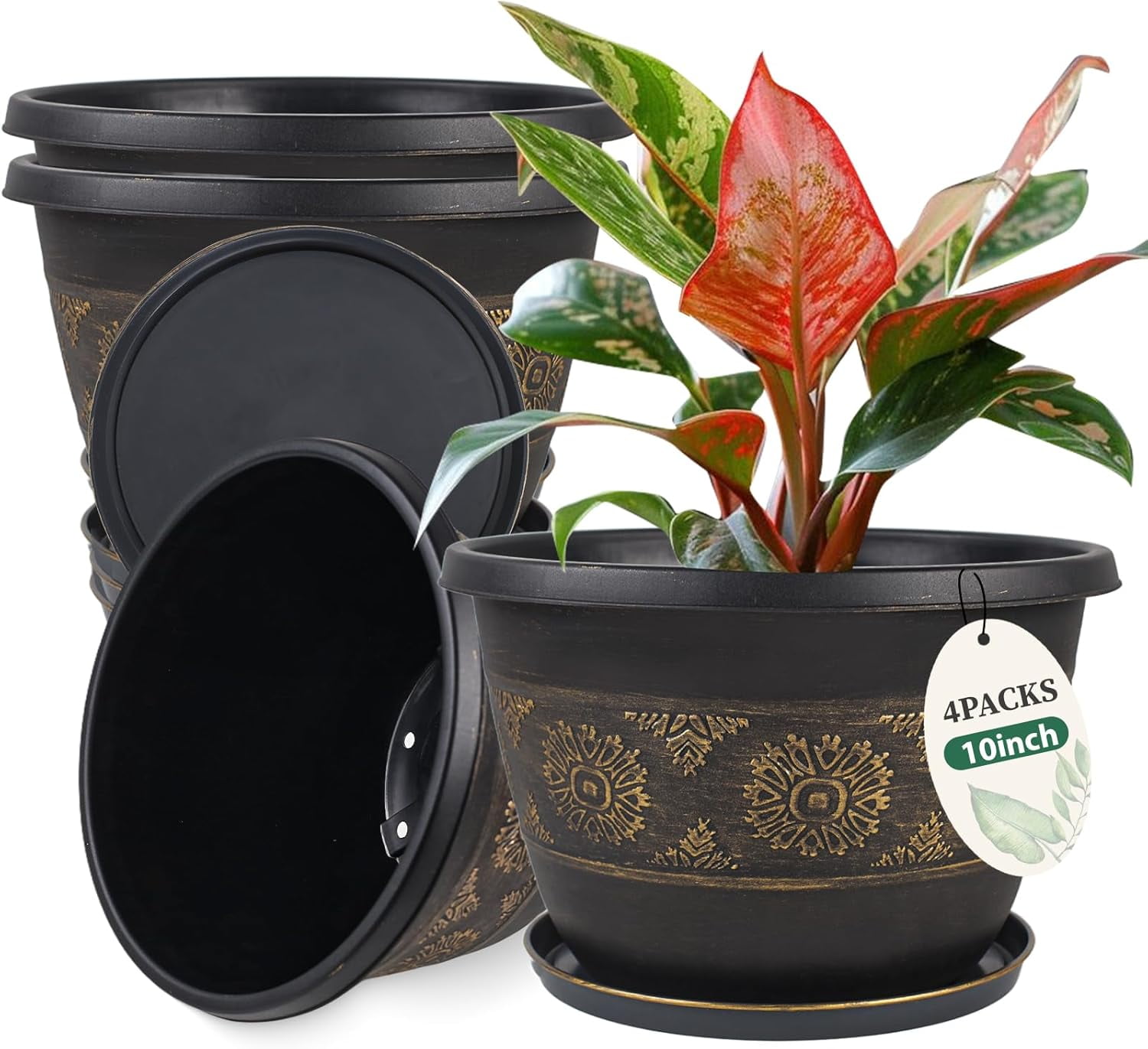4 Pack 10 inch Plant Pots, Retro Pattern Planters with Drainage Holes ...