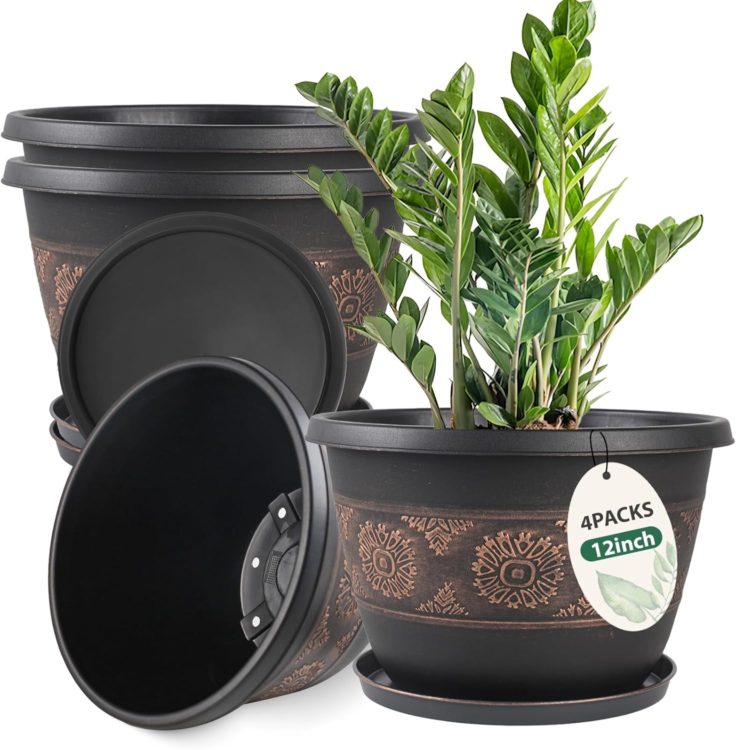 4 Pack 10 inch Plant Pots, Retro Pattern Planters with Drainage Holes ...