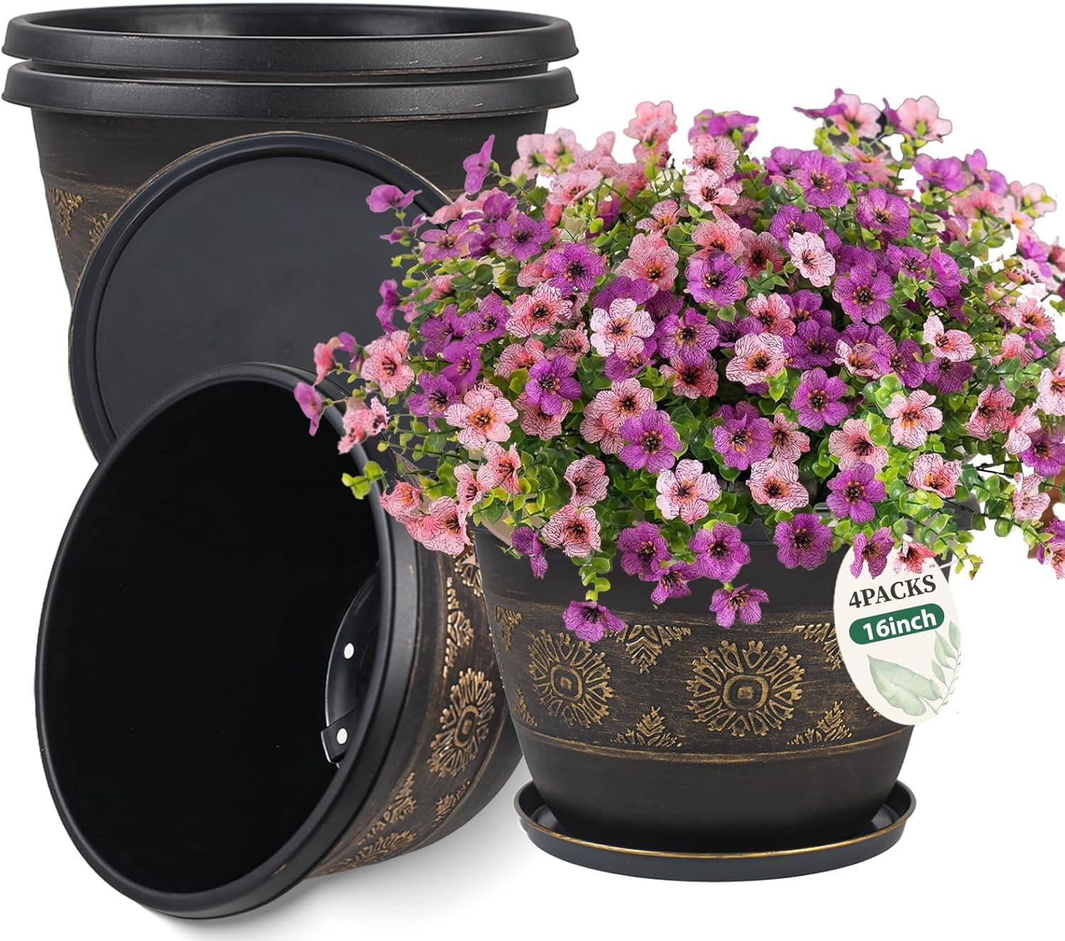 4 Pack 10 inch Plant Pots, Retro Pattern Planters with Drainage Holes ...