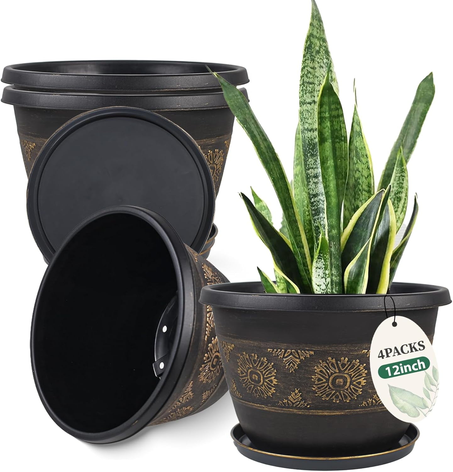 4 Pack 10 inch Plant Pots, Retro Pattern Planters with Drainage Holes ...