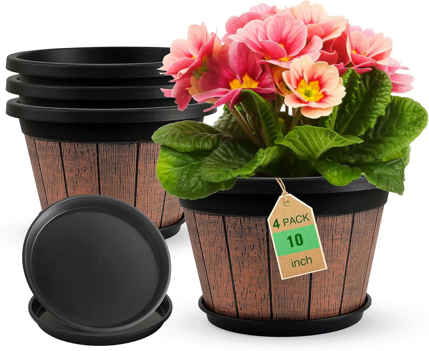 4 Pack 10 inch Plant Pots,Upgrade Whiskey Barrel Planters with Drainage ...