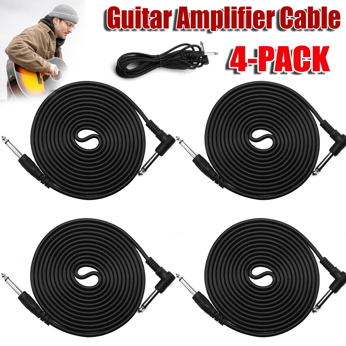 4 Pack 10FT 1/4" 5MM Electric Guitar Bass Cable, Professional ...