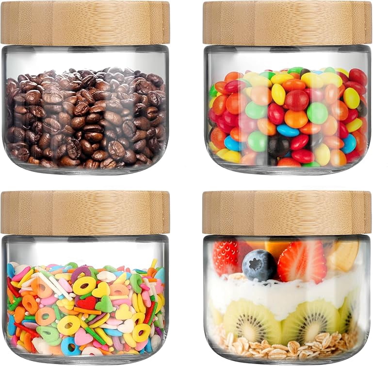 4 Pack 10oz Glass Jars with Bamboo Lids, Over Night Oats Container with ...