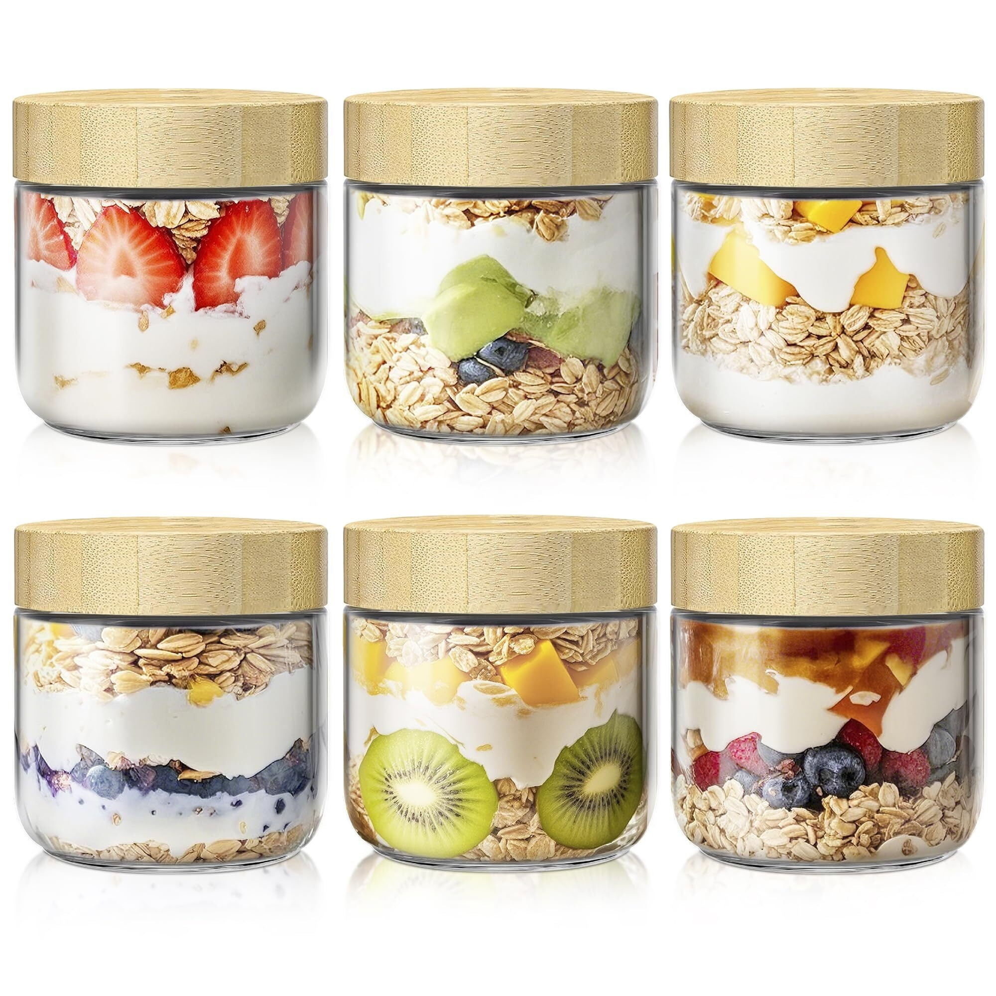 4 Pack 10oz Overnight Oats Containers with Bamboo Lids, Glass Jars with Airtight Lids for Meal ...