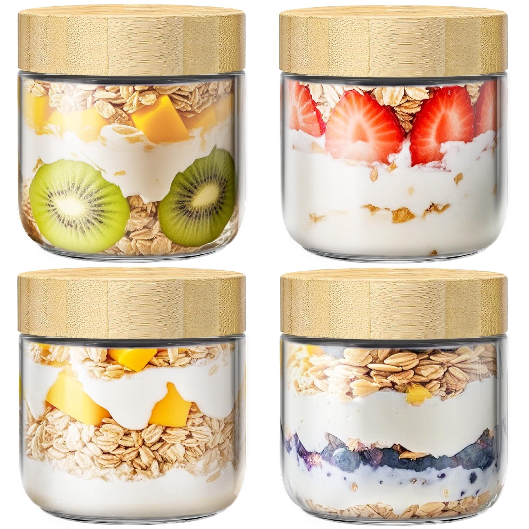 4 Pack 10oz Overnight Oats Containers with Bamboo Lids, Glass Jars with ...