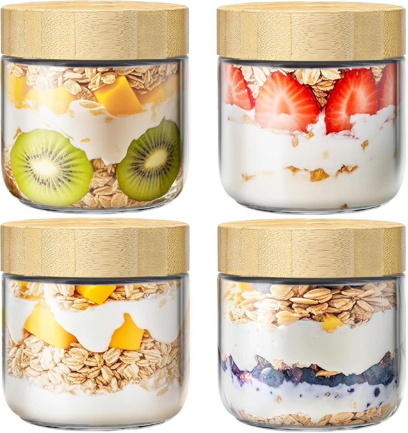 4 Pack 10oz Overnight Oats Containers with Bamboo Lids, Glass Jars with ...