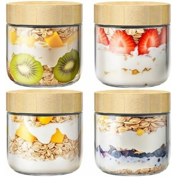 4 Pack 10oz Overnight Oats Containers with Bamboo Lids, Glass Jars with ...