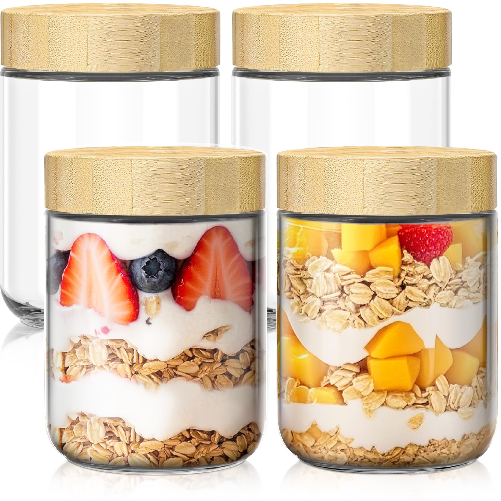 4 Pack 10oz Overnight Oats Containers with Bamboo Lids,Glass Jars with Airtight Lids,Mason Salad ...