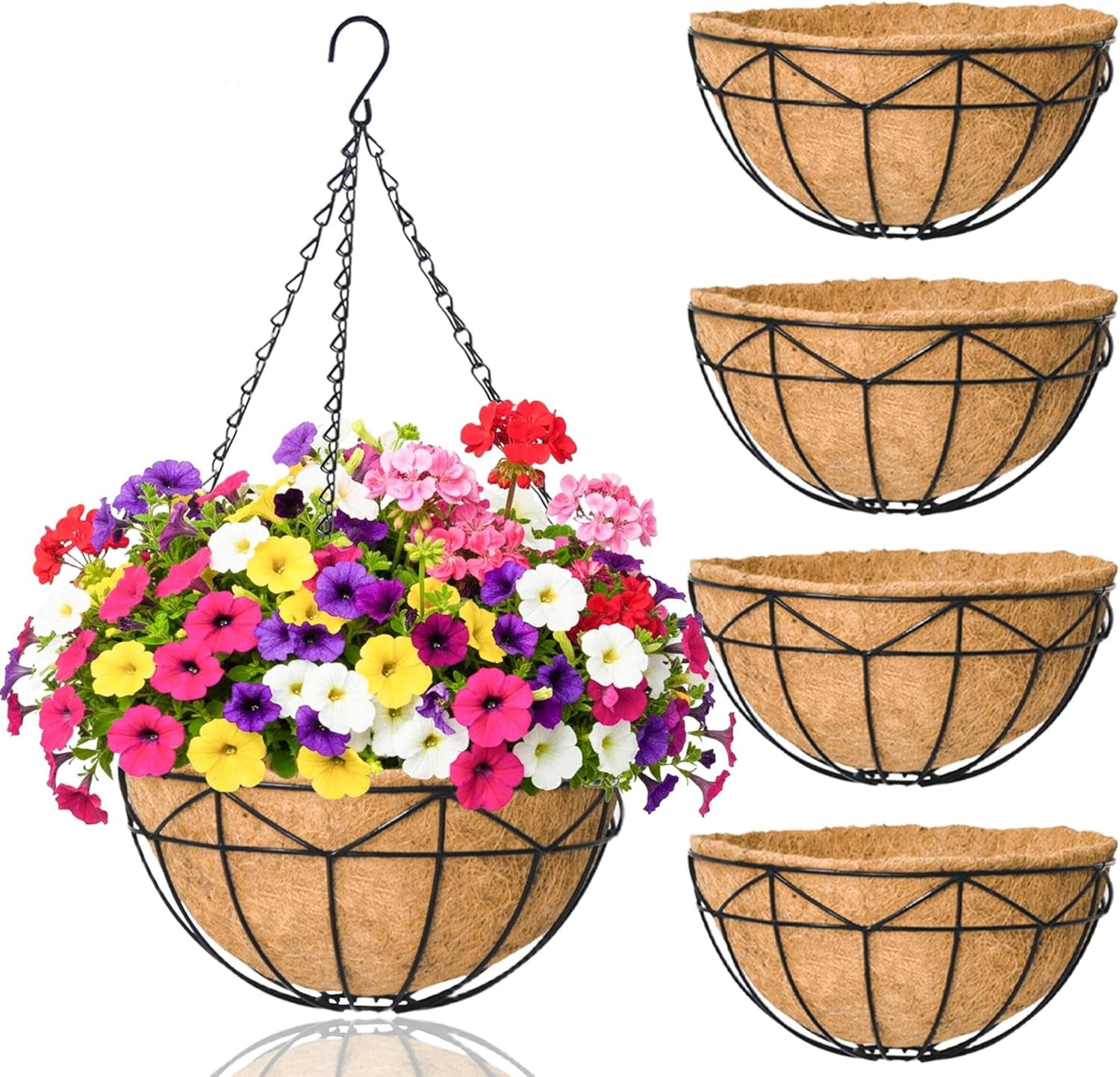 4 Pack 12 Inch Hanging Baskets for Plants Outdoor Metal Planters with ...