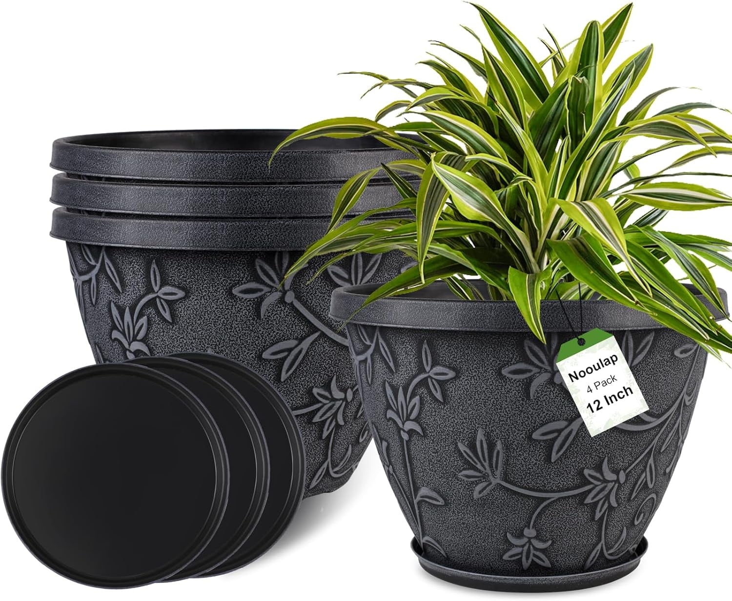 4 Pack 12 Inch Large Flower Pots for Outdoor Indoor, Plastic Plant Pots ...