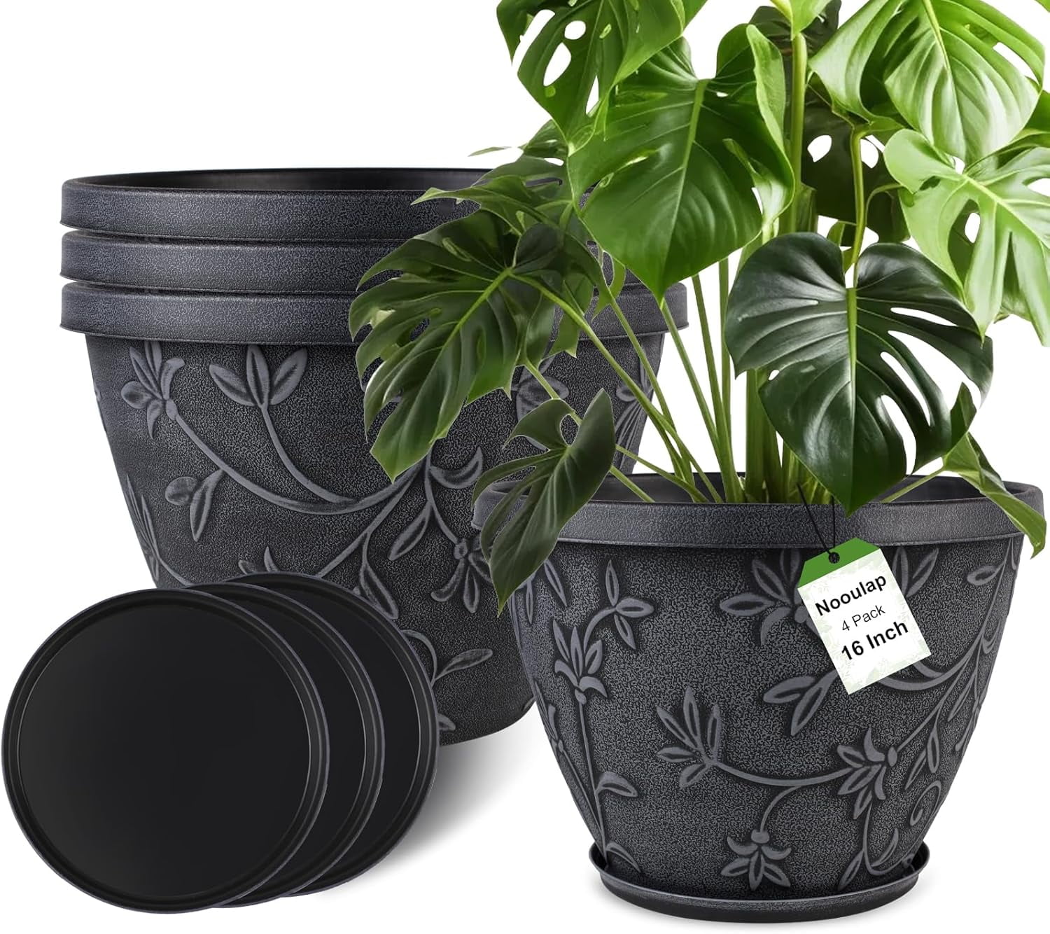 4 Pack 12 Inch Large Flower Pots for Outdoor Indoor, Plastic Plant Pots ...