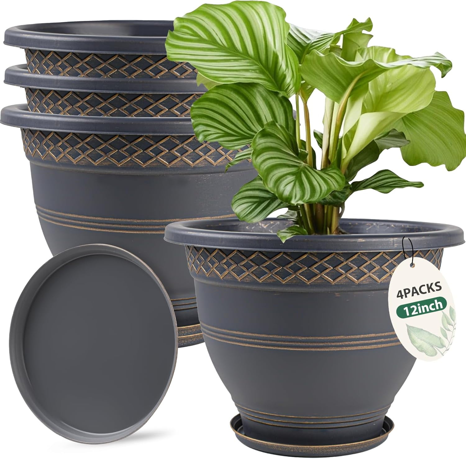 4 Pack 12 Inch Large Plant Pots, Plastic Flower Pot for Indoor ...
