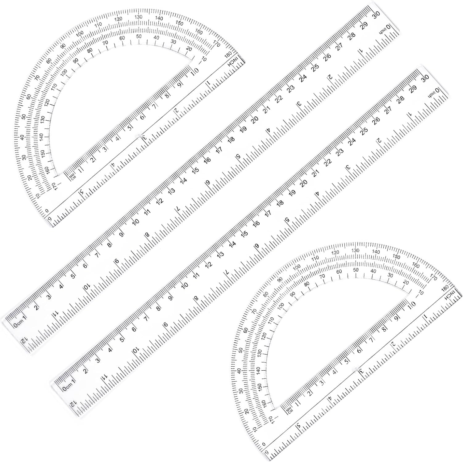 4 Pack 12 Inch Plastic Ruler and 6 Inch Plastic Protractor Set Clear ...