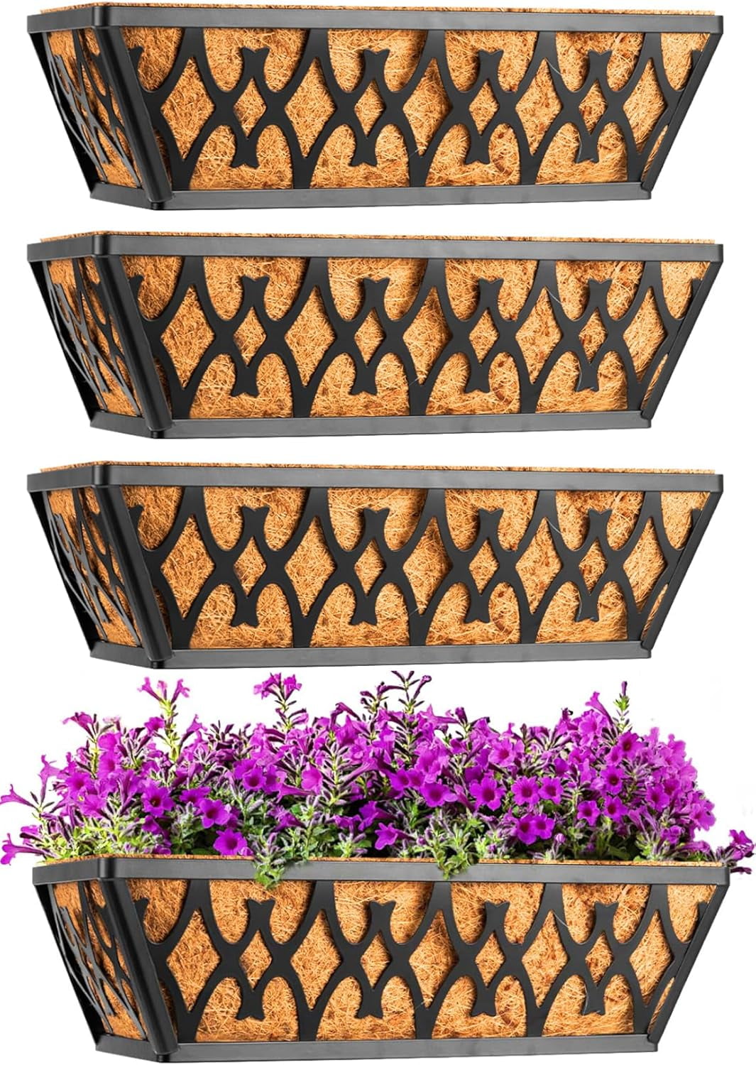 4 Pack 12 Inch Window Boxes Planters Railing Planter Box with Coco Liners Deck Railing Planter ...