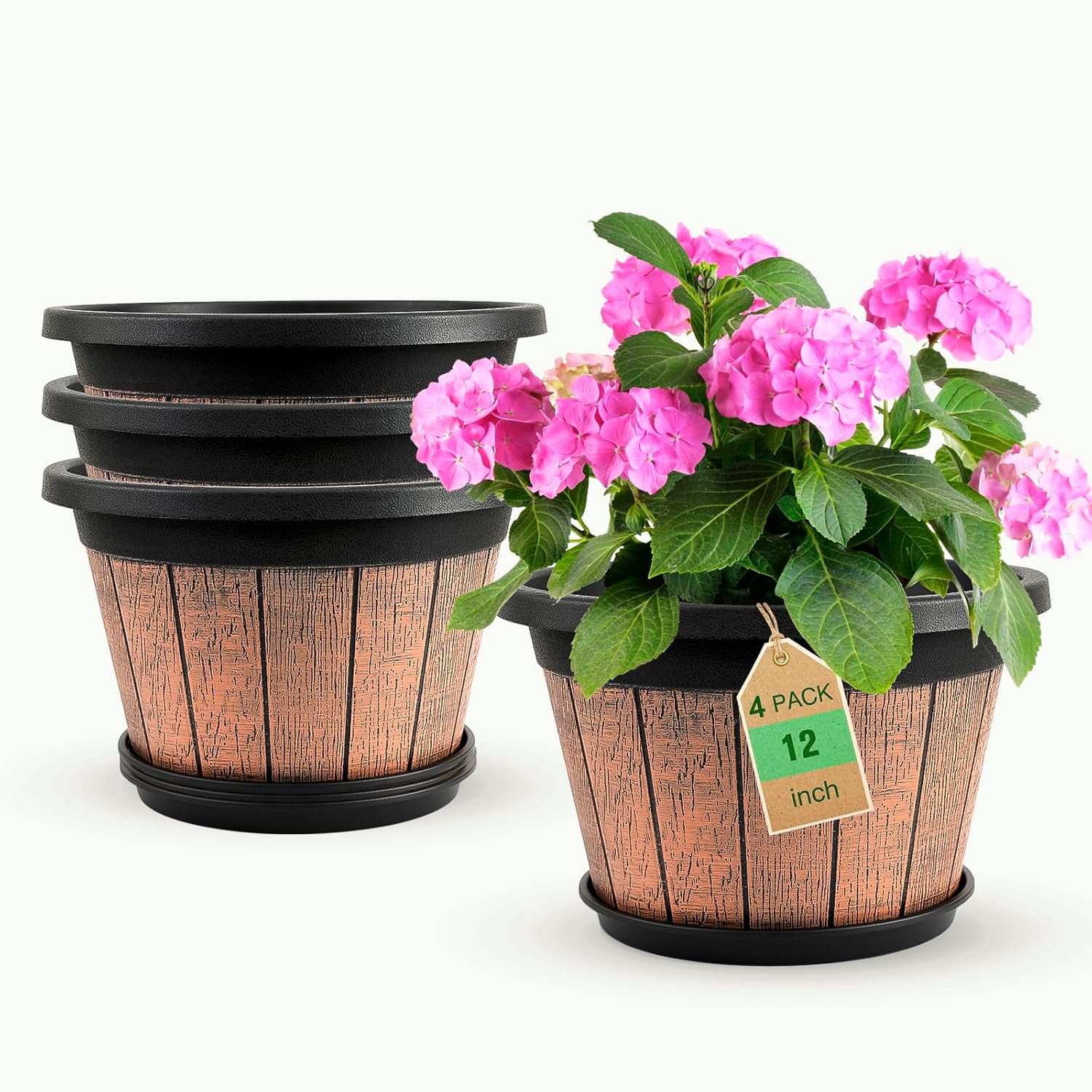 4 Pack 12 inch Plant Pots,Whiskey Barrel Planters with Drainage Holes ...