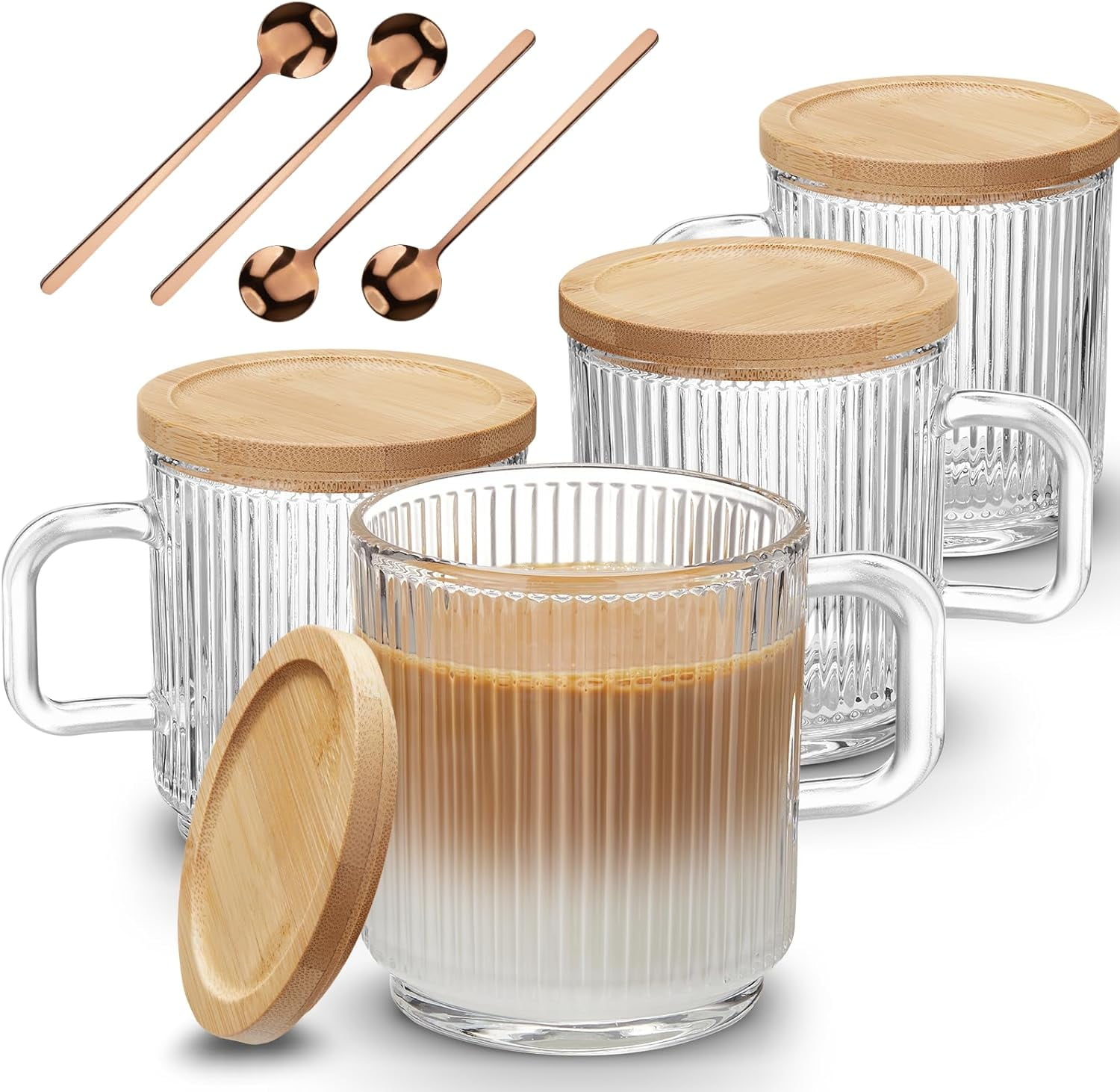 4 Pack 12 oz Glass Coffee Mugs with Handle, Bamboo Lid & Spoon, Ribbed ...