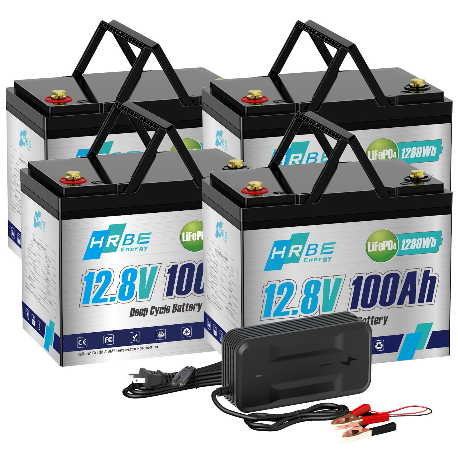 10in 4 Pack 12V 100AH LiFePO4 Lithium Battery with Charger, Group24 Deep Cycle 100A BMS ...