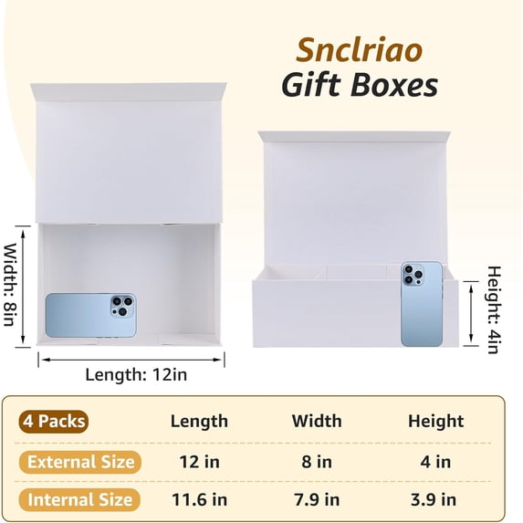 4 Pack 12x8x4 Inch White & 4 Pack 8x8x4 Inch Black Gift Boxes with ...