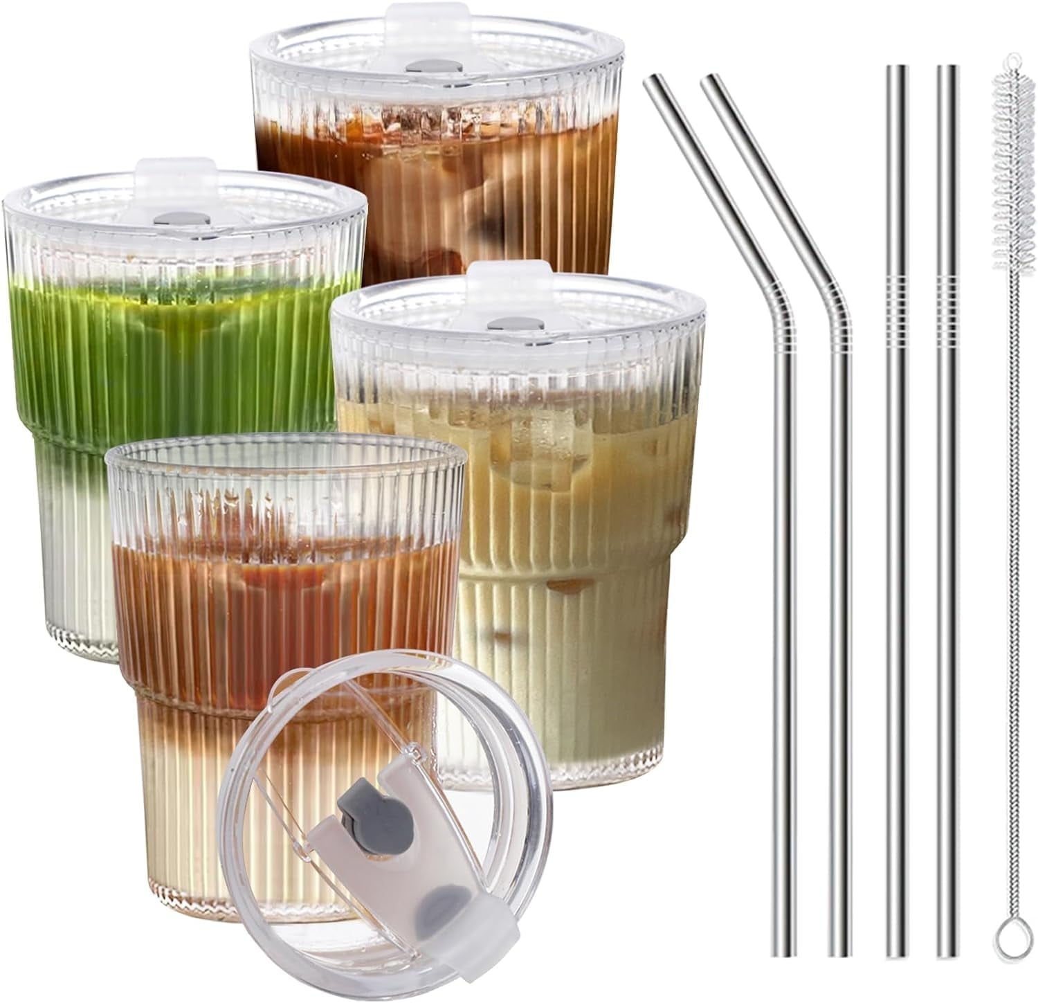 4 Pack 13 Oz Glass Cups with Lids and Straws, Iced Coffee Cups with ...