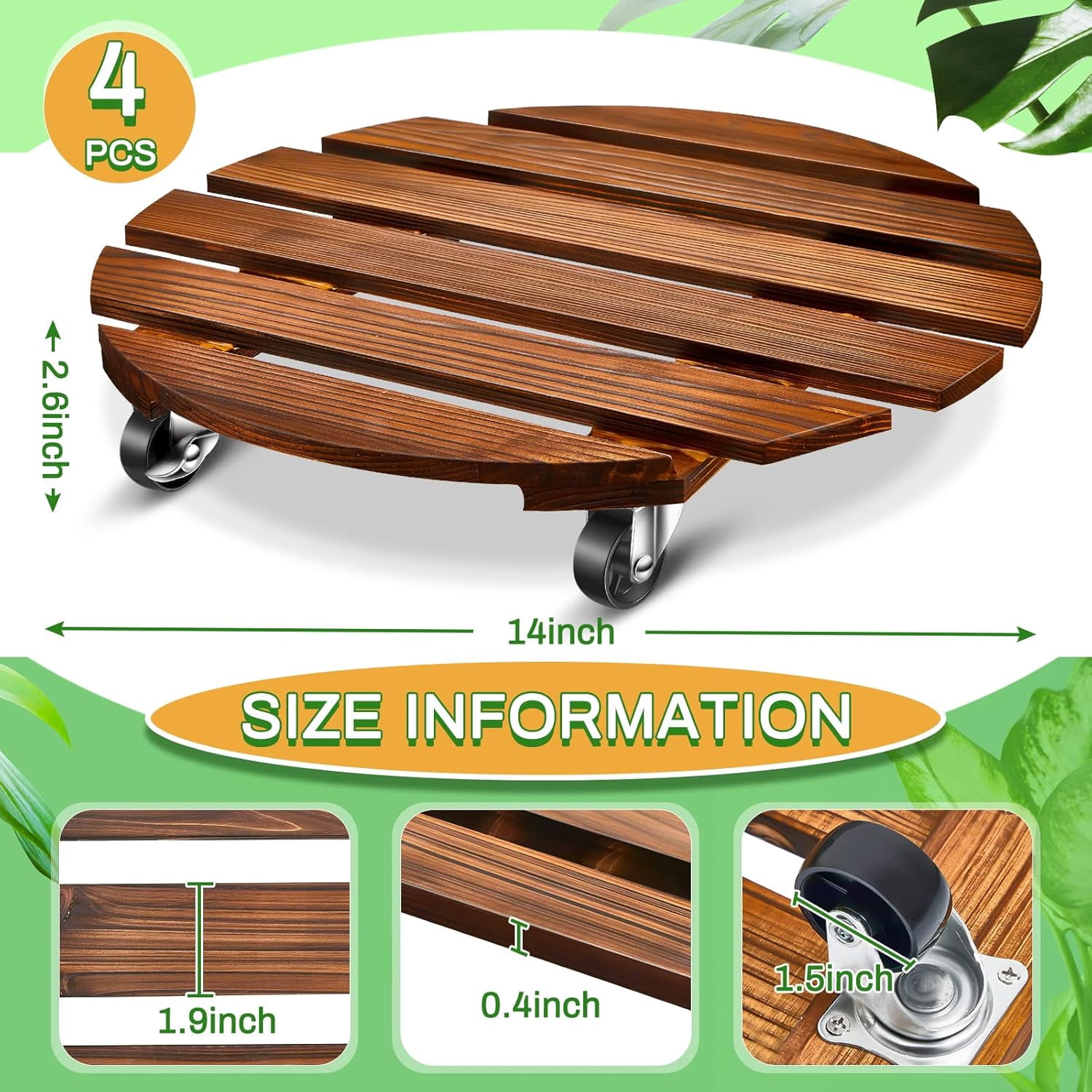 4 Pack 14 Inch Wood Plant Stand with Lockable Wheels 220 Lbs Heavy Duty ...