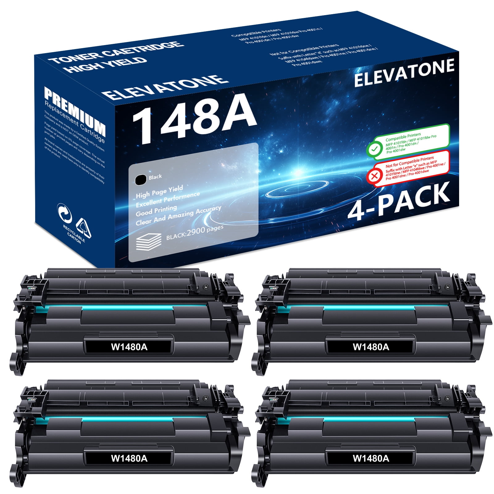 4-Pack 148A 148X Toner Cartridge with Chip Compatible for HP W1480A ...