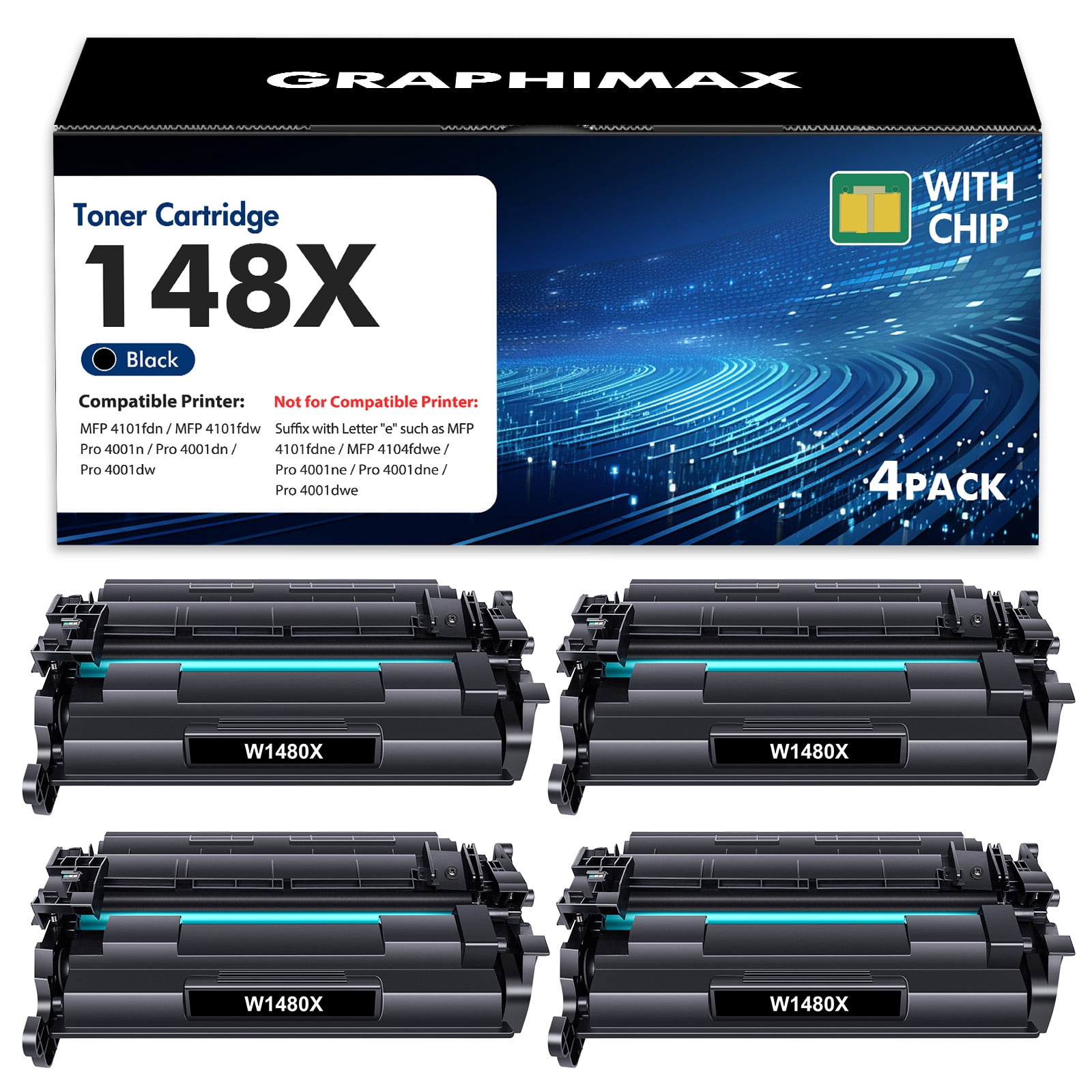 4-Pack 148X 148A Toner Cartridge with Chip Compatible for HP W1480X ...