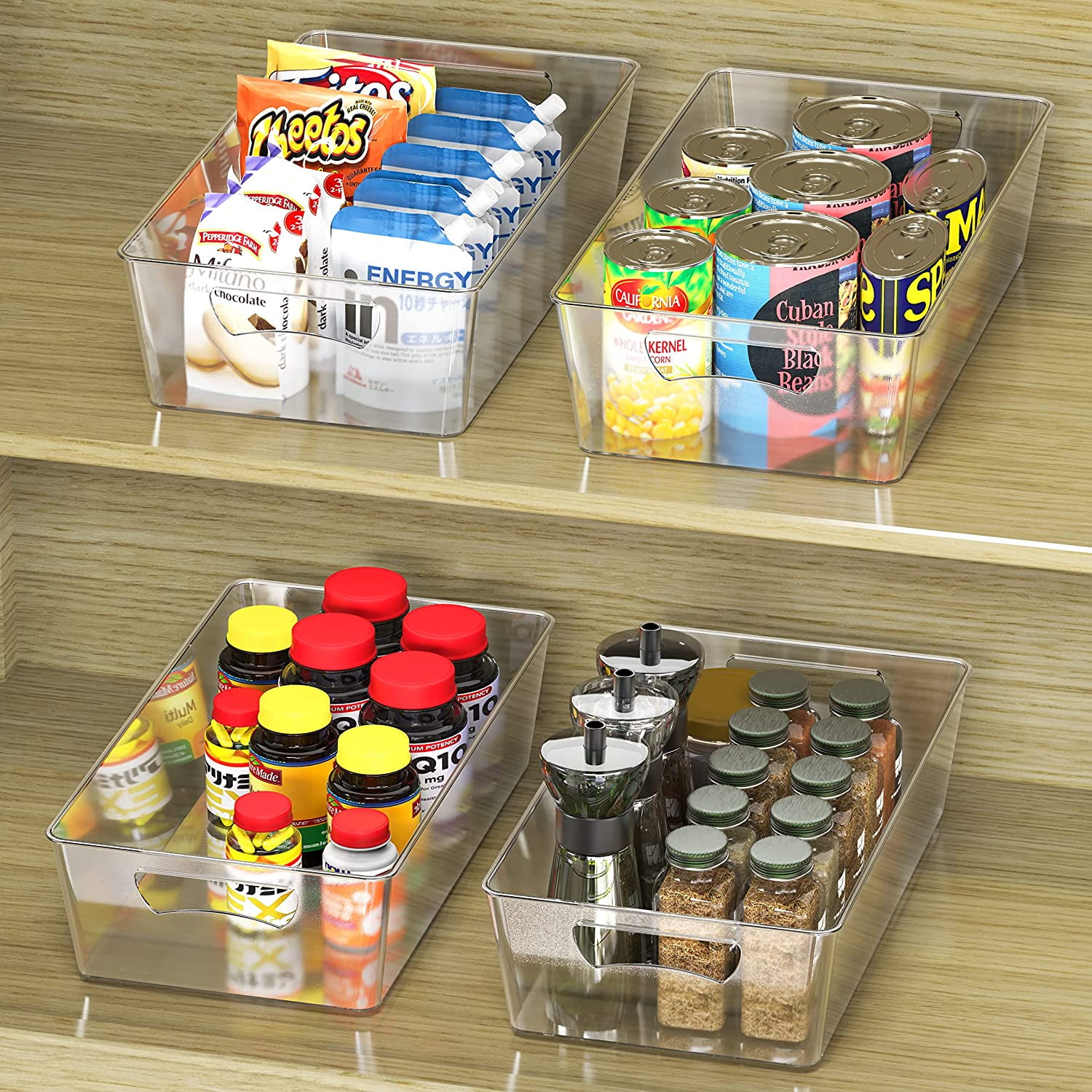 4-Pack 15"×8"×3.75" Clear Kitchen Storage Bins - Multi-Use Cabinet ...
