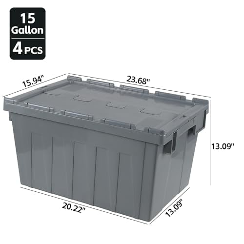 4-Pack 15 Gallon Storage Tote with Hinged Attached Lid, Industrial ...