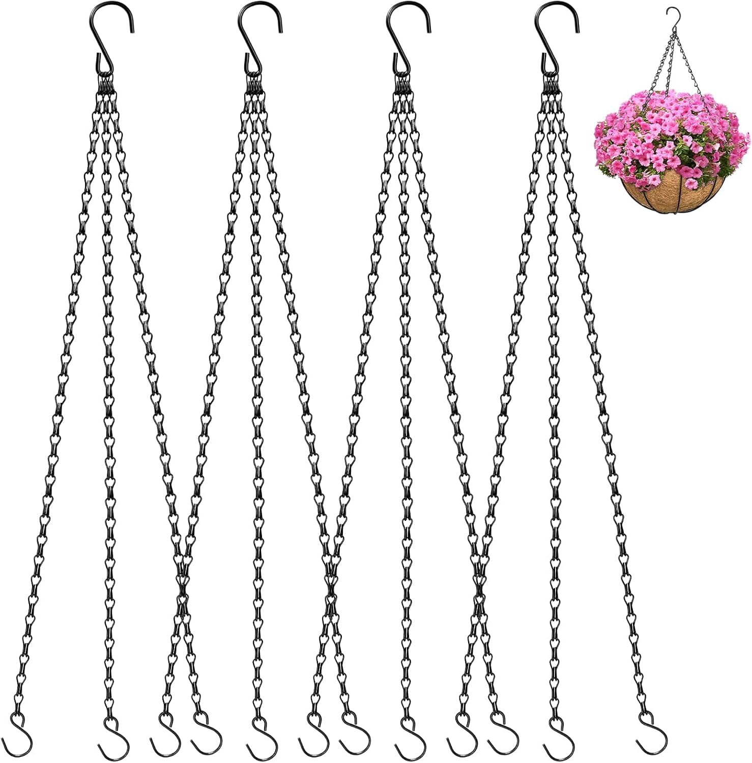 4 Pack, 16 Inch Hanging Basket Chain with Hooks, Black Metal Planter ...