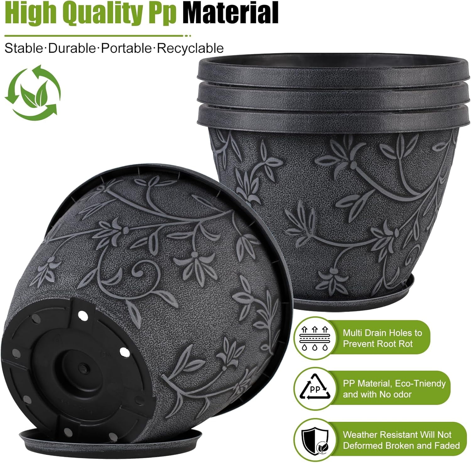 4 Pack 16 Inch Large Plant Pot for Outdoor, Plastic Flower Pot Indoor ...