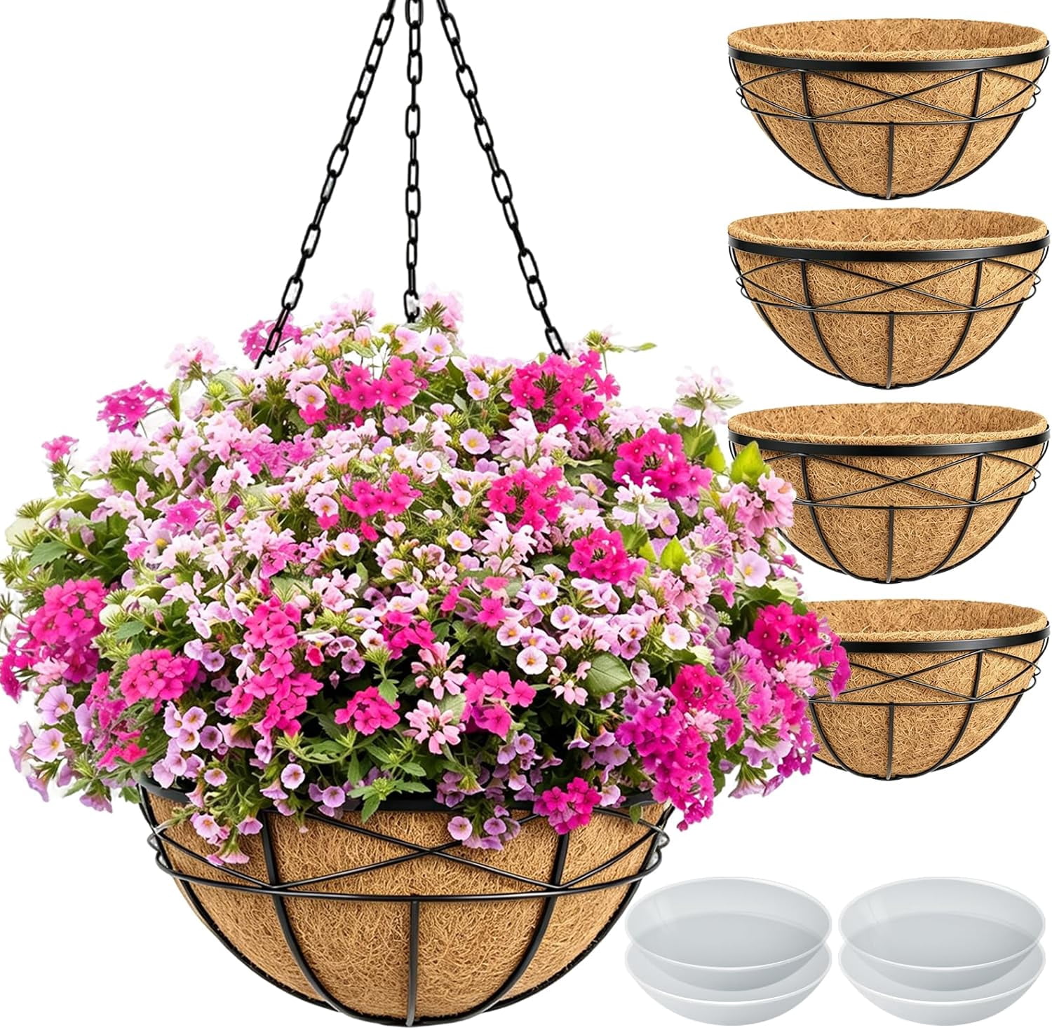 4 Pack 16 Inch Metal Hanging Planters with Coco Liner and Plastic ...