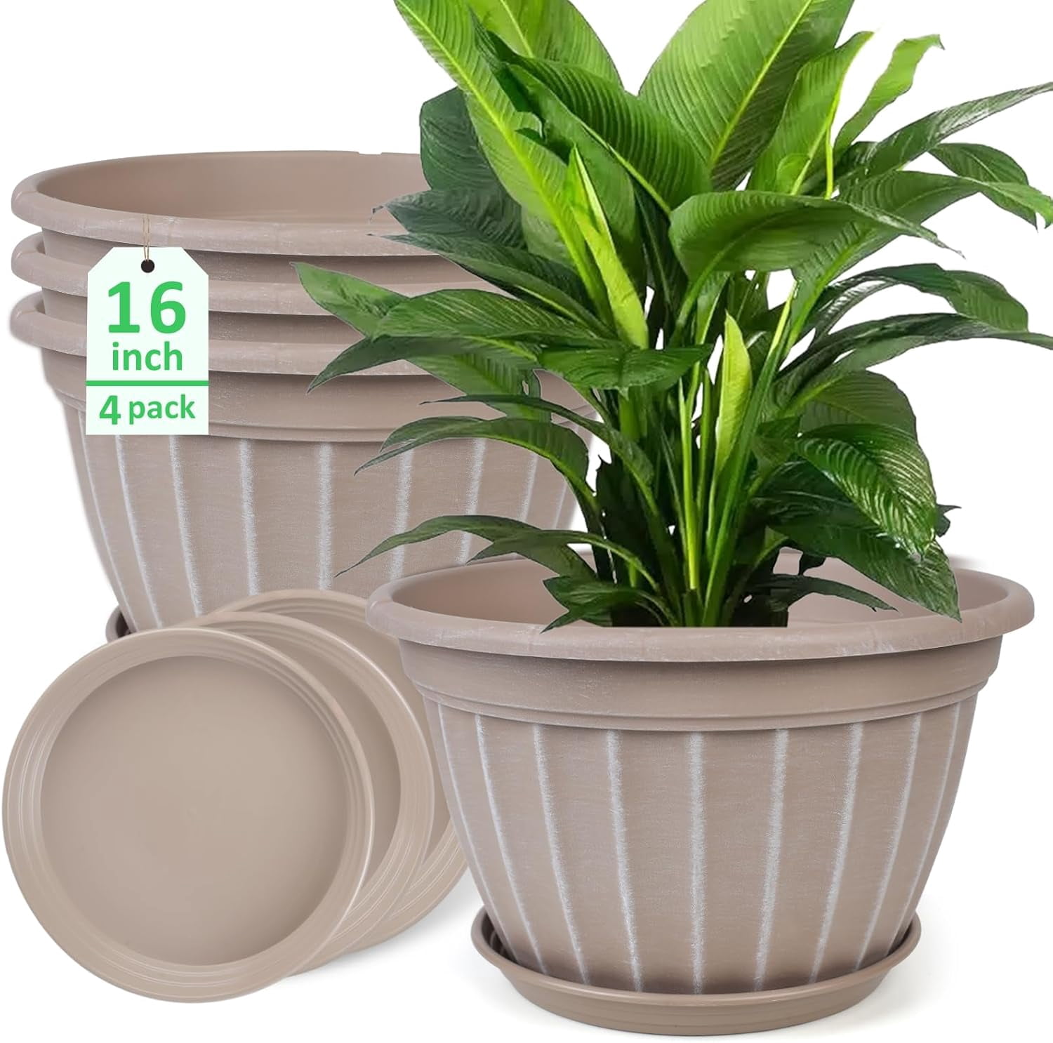 4 Pack 16 Inch Plant Pots, Retro Vertical Stripe Planters with Drainage ...