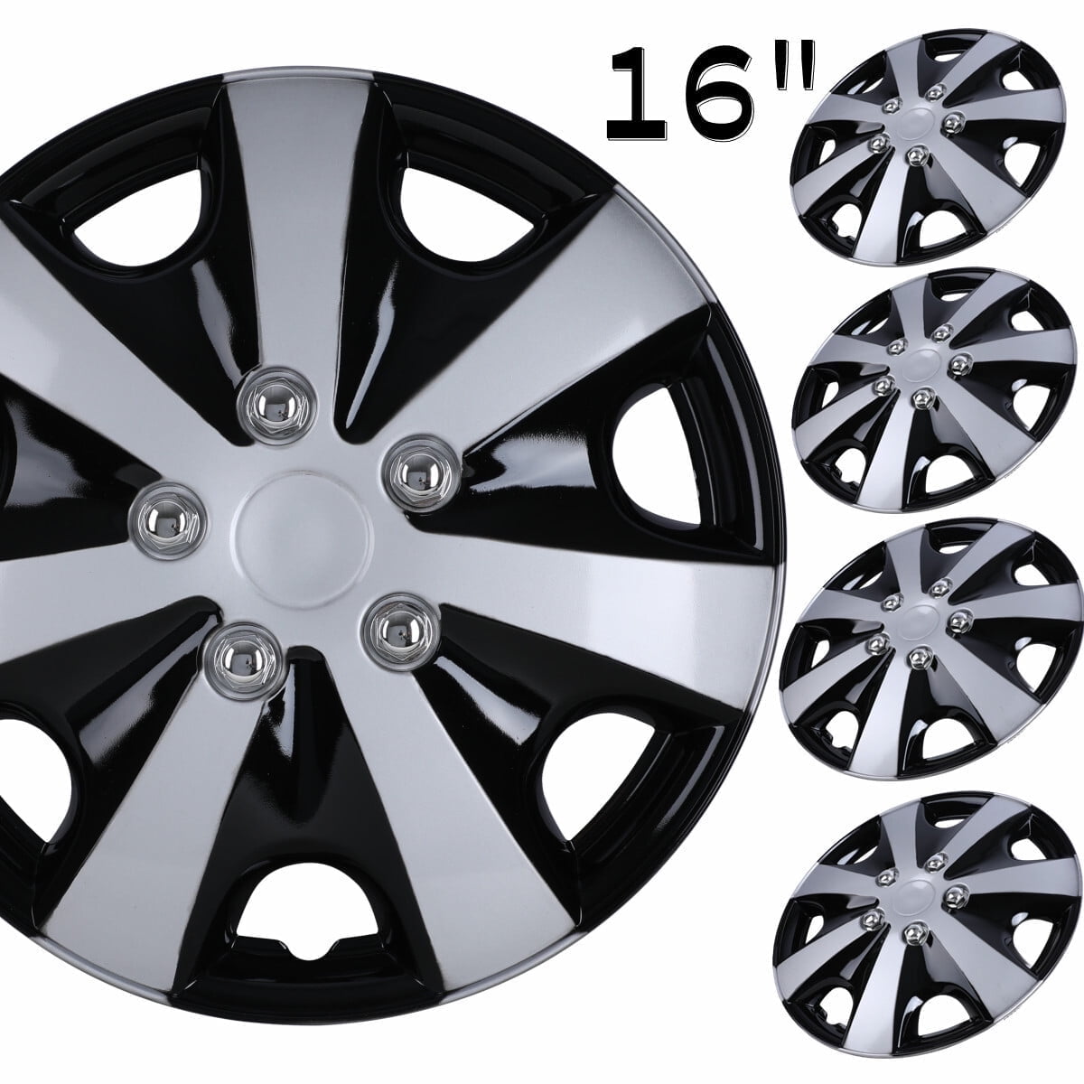 Winjet 16" Wheel Covers & Hub Caps ABS Alloy Silver Black, 4 Pack ...