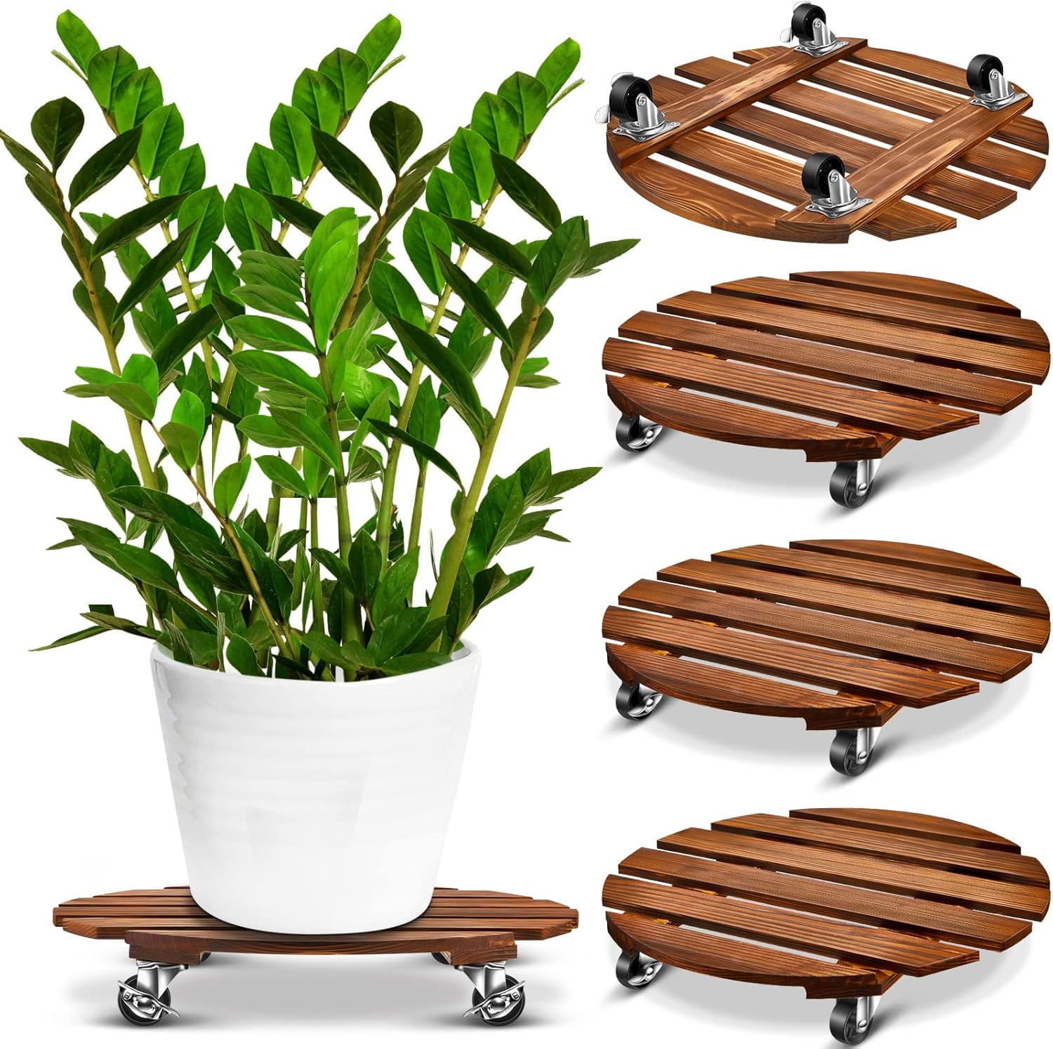 4 Pack 16 Inch Wooden Plant Stand with Lockable Wheels 220 Lbs Heavy ...