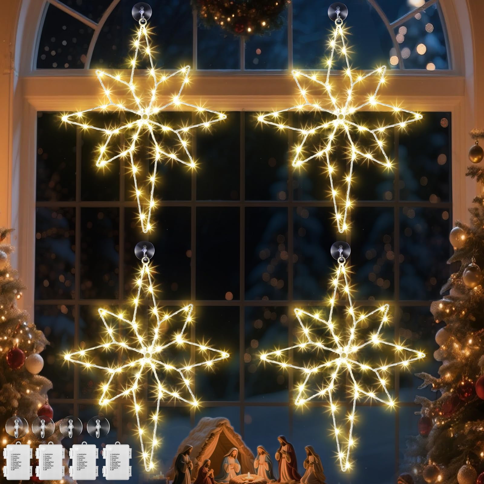 4 Pack 16" Large Christmas Window Light Decorations, Bethlehem ...