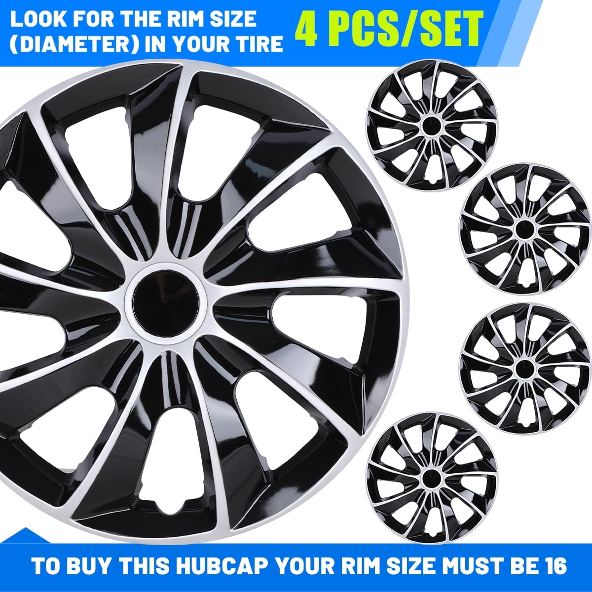 (4 Pack)16" Silver & Black Hub Caps Universal Wheel Rim Cover Exterior ...