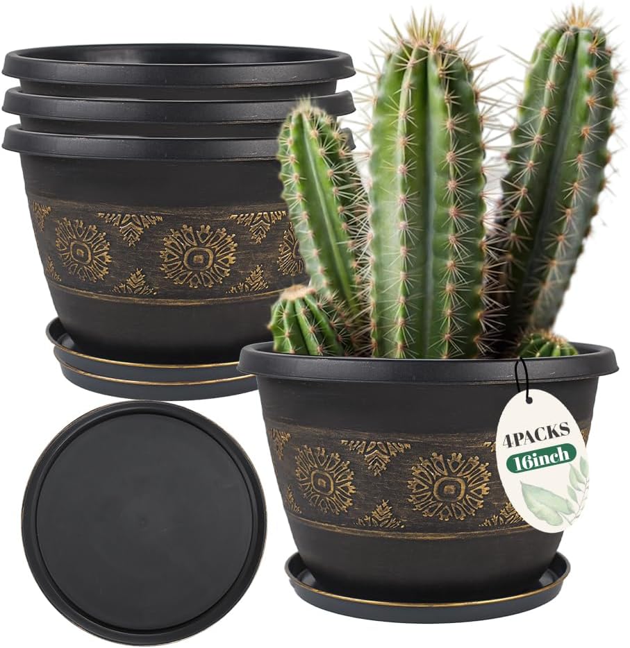 4 Pack 16 inch Plant Pots, Retro Pattern Planters with Drainage Holes ...