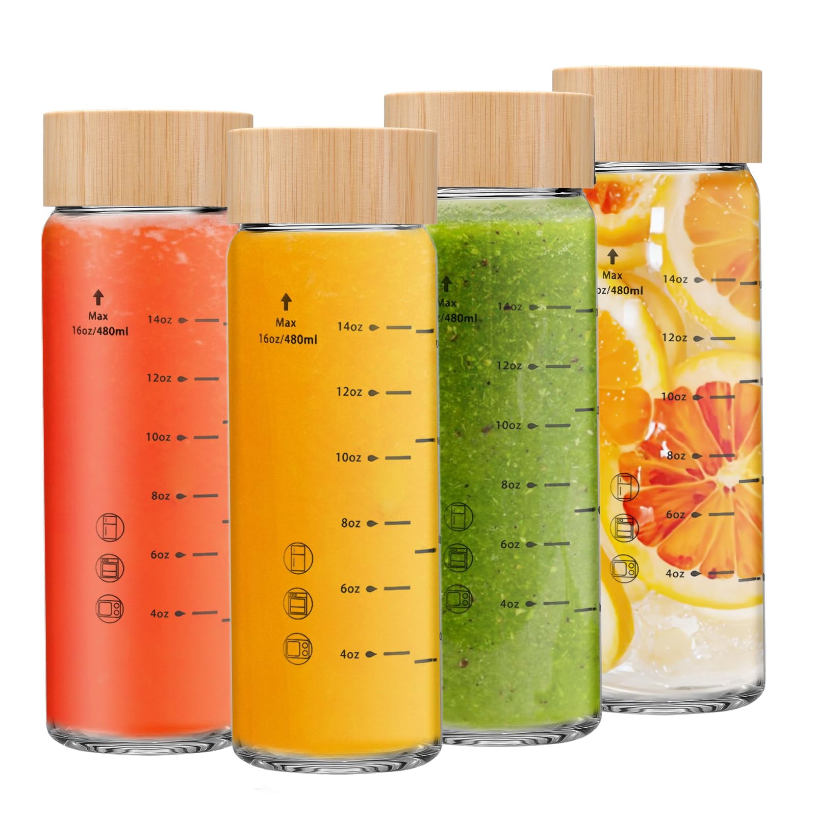 4 Pack 16oz Juice Bottles, Wide Mouth Glass Bottles with Bamboo Lids ...