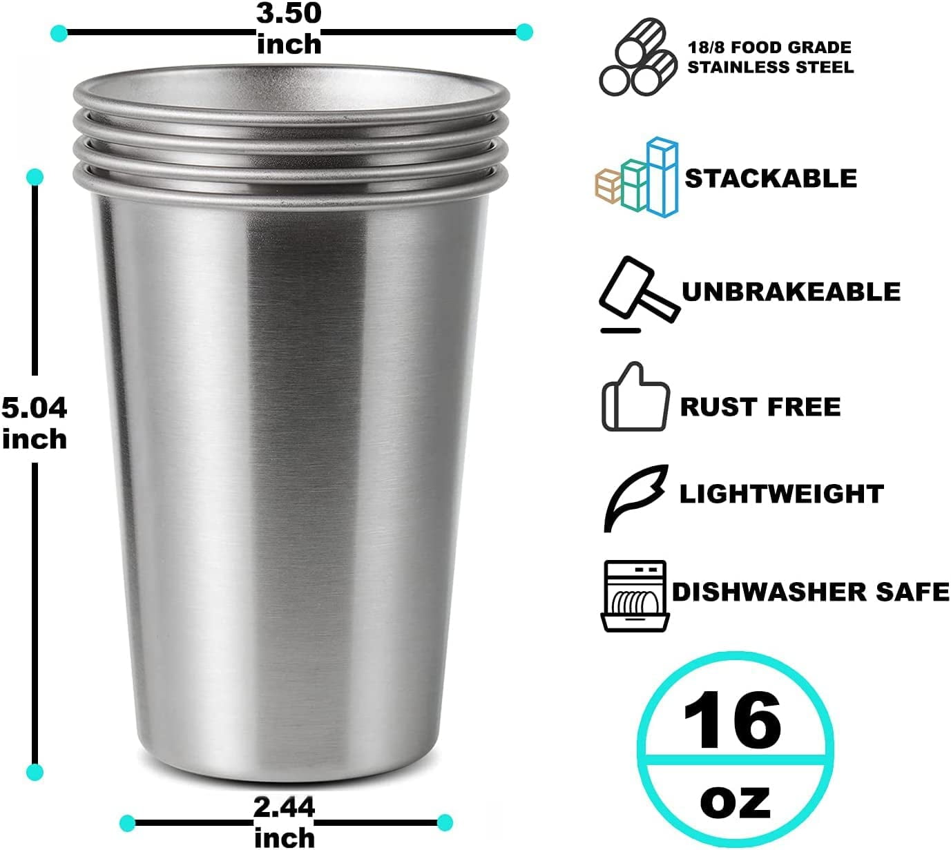 4 Pack 16oz Stainless Steel Pint Cup.Healthy Unbreakable and Stackable ...