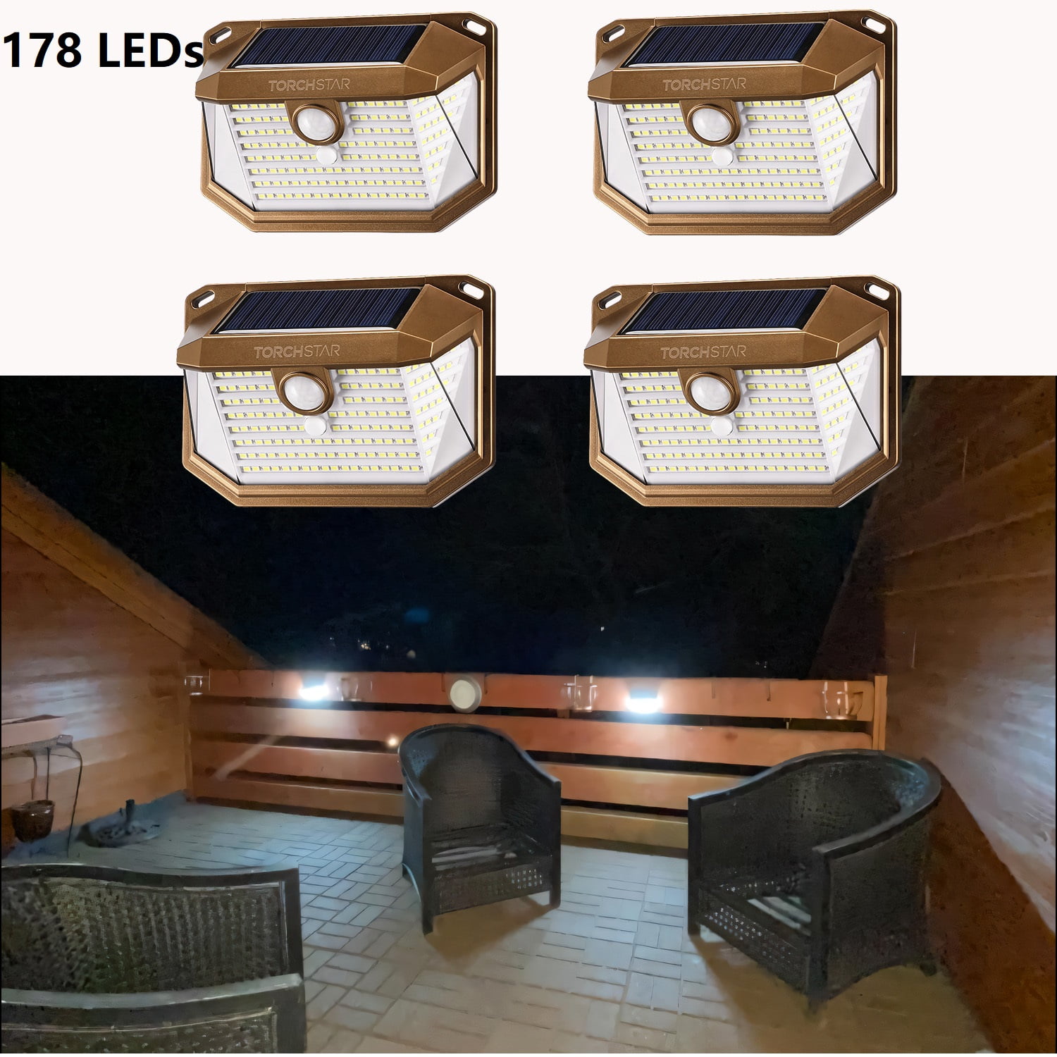 TorchStar 4 Pack 178 LED Solar Motion Sensor Lights IP65 Waterproof 3 Modes 3 Brightness Levels ...