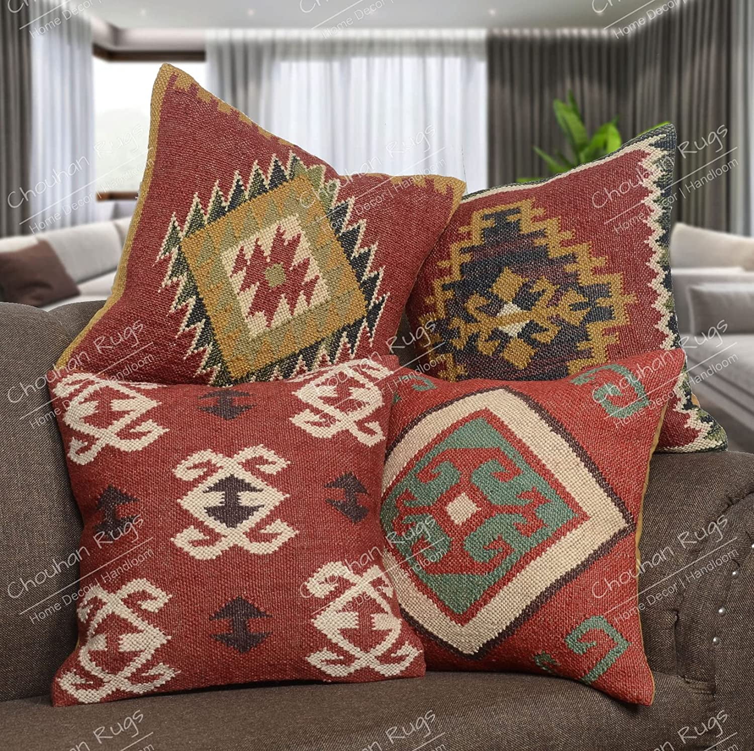 4-Pack 18x18" Handwoven Jute Kilim Pillow Covers - Indian Vintage Boho ...
