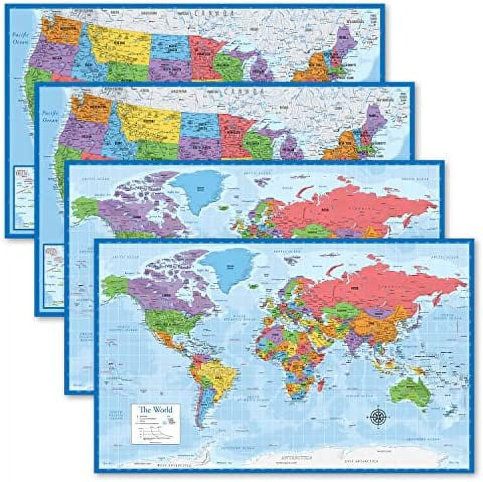 4 Pack - 2 World Map Chart [Long Blue] - 2 USA Map Chart [Long Blue ...