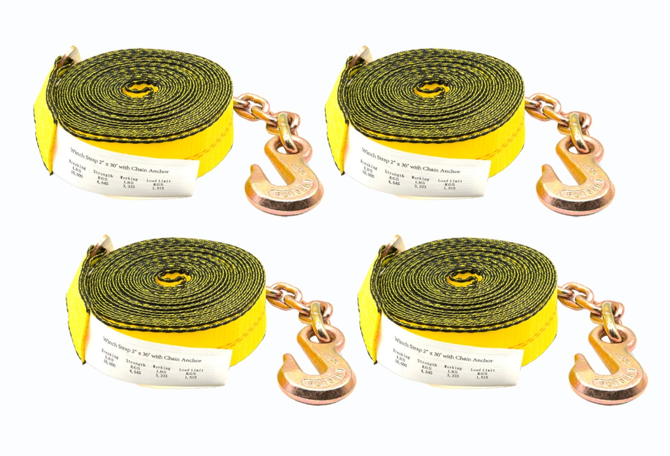 (4 Pack) 2 in. x 30 ft. Winch Strap with Chain Anchor Extension Flatbed ...